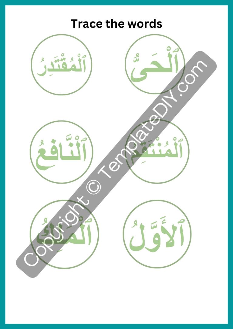 Arabic Calligraphy Worksheets Template Printable PDF, Word