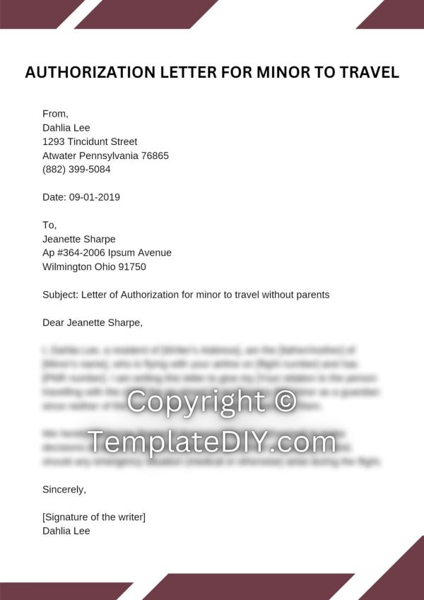Authorization Letter for Minor to Travel Sample [Word]