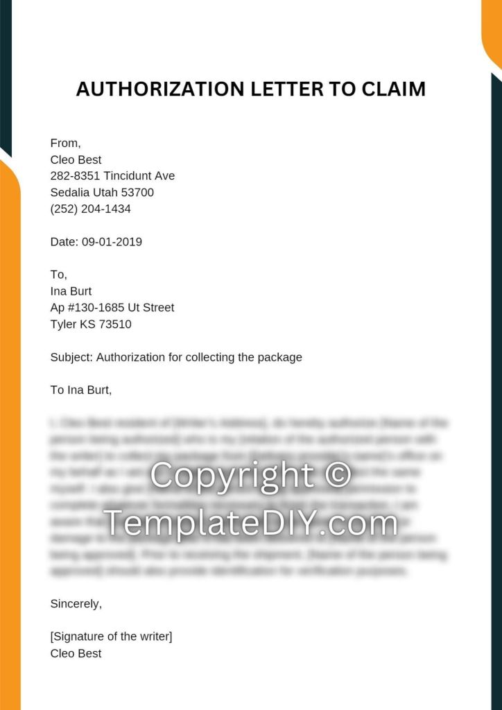 Authorization Letter to Claim Template | Sample for Money, Documents ...