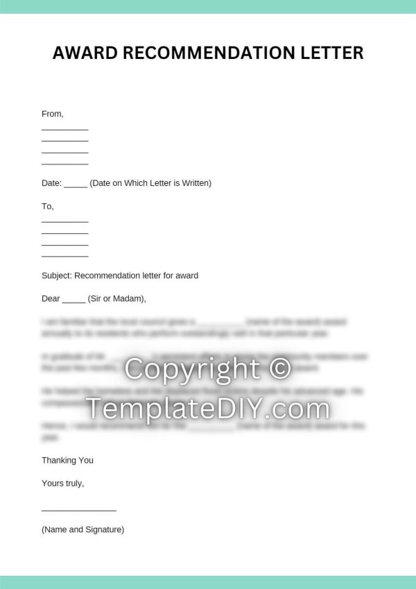 Award Recommendation Letter Template | Download Word Format