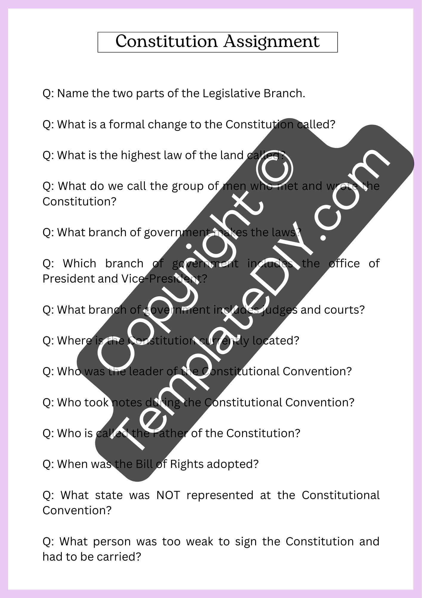 Constitution Worksheet 4th Grade