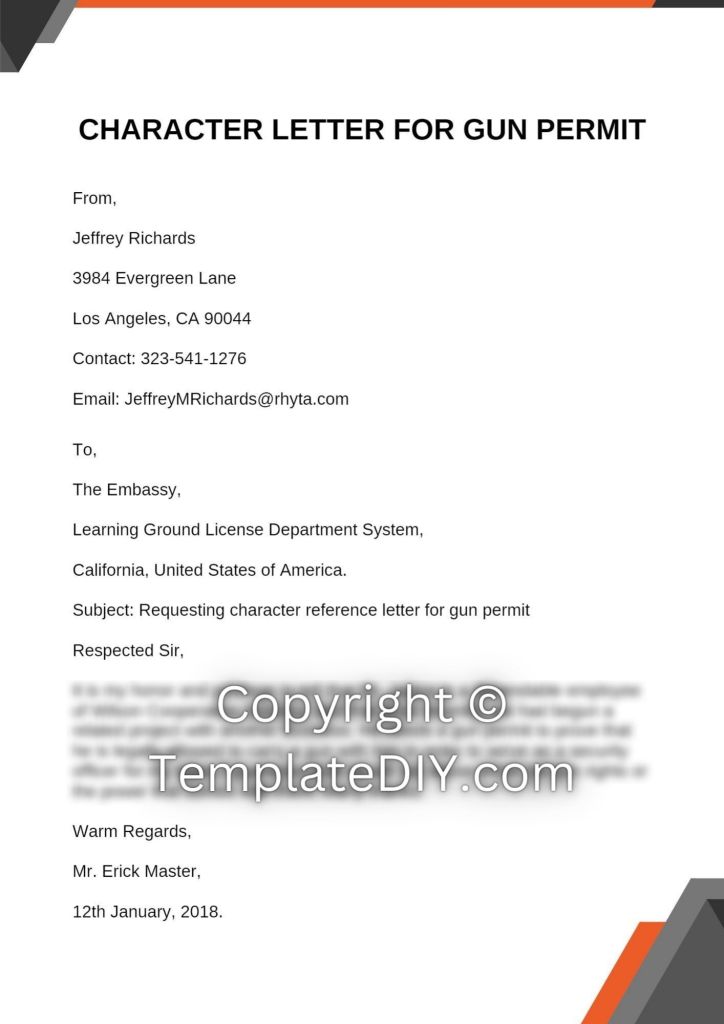 Character Letter for Gun Permit Sample Template with Example