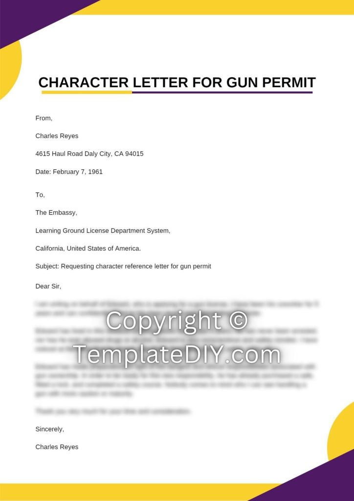 Character Letter for Gun Permit Sample Template with Example