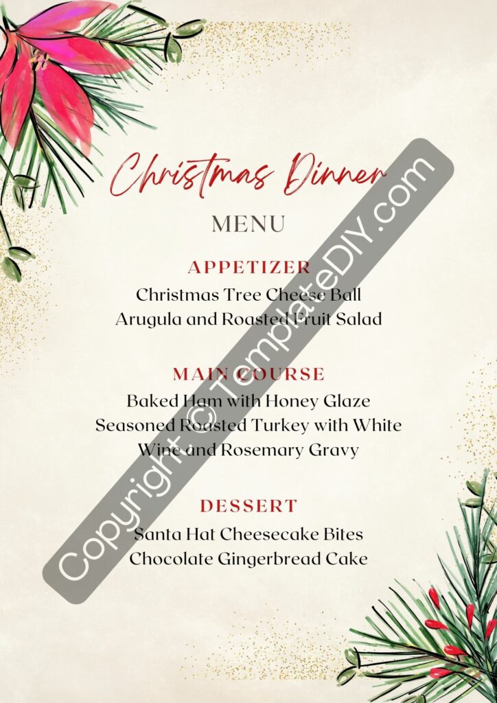 Christmas Dinner Menu Printable Template PDF, Word