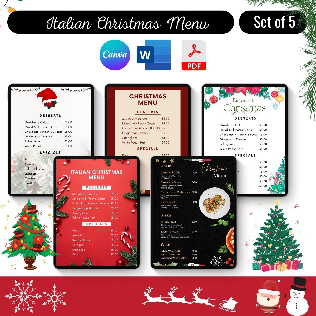 Italian Christmas Menu Printable Template PDF, Word
