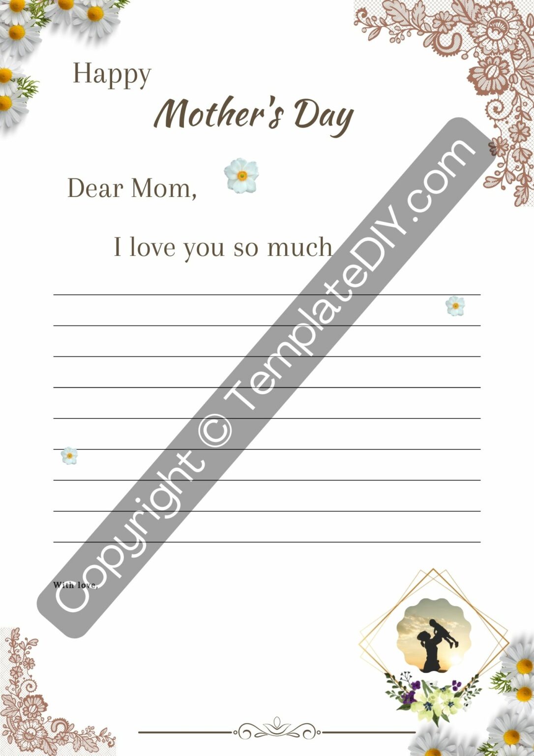 Mothers Day Letter Template Blank Printable PDF, Word