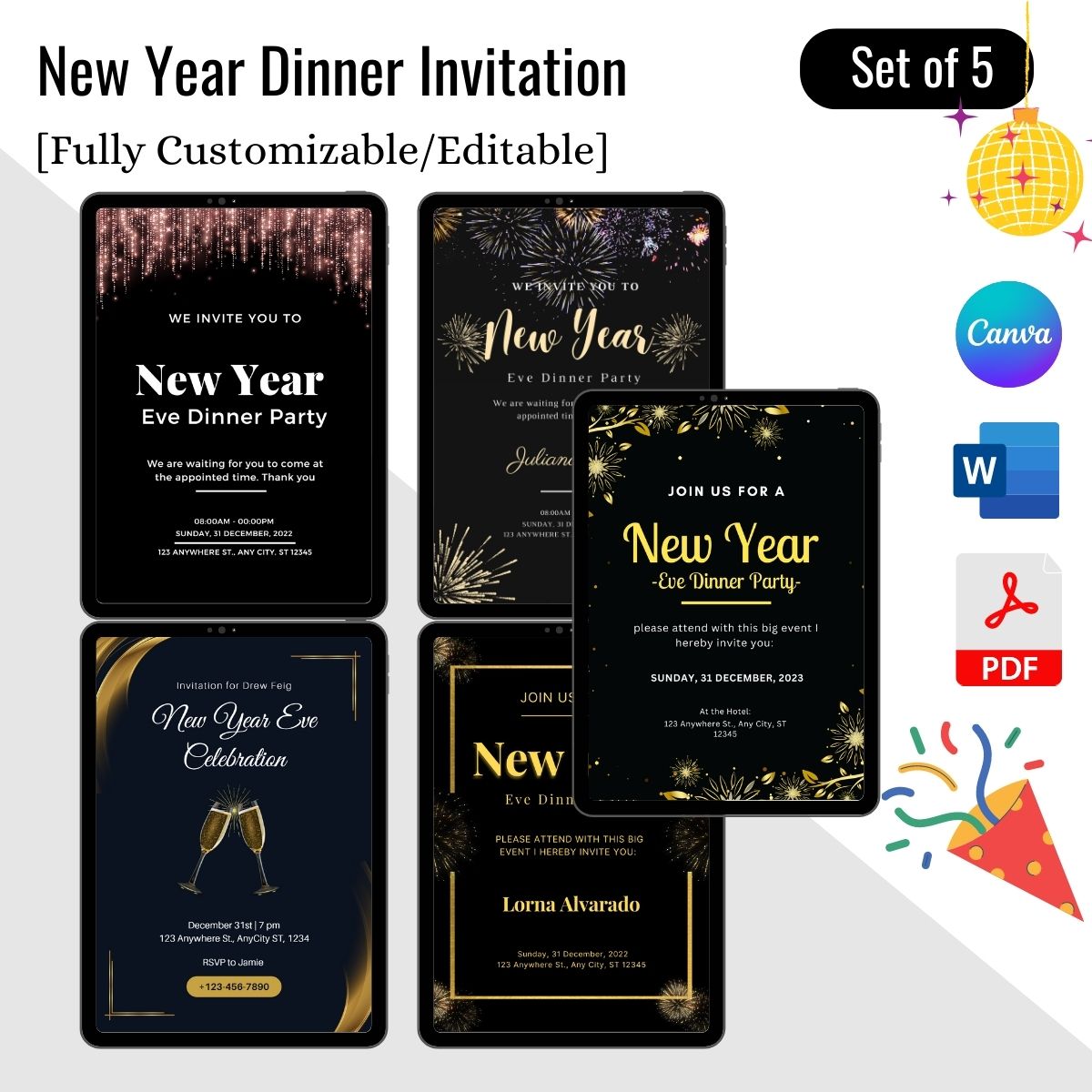 New Year Dinner Invitation Template Printable [Editable]