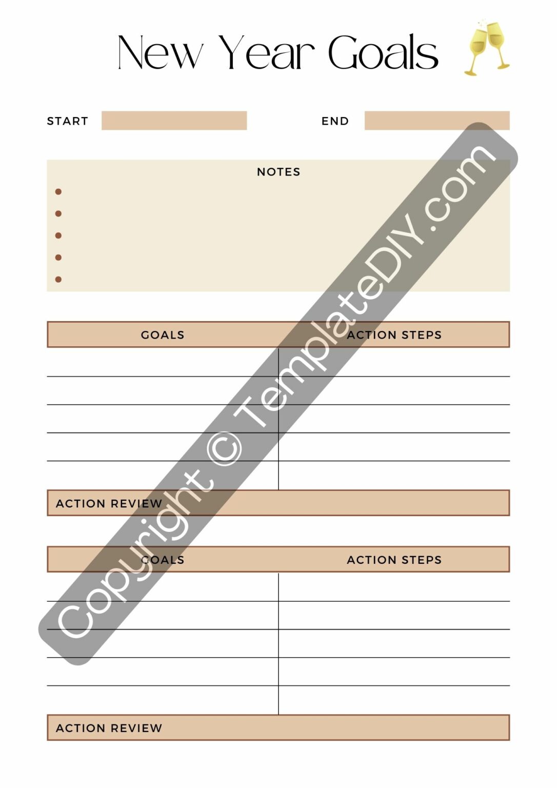 New Year Goals Template Blank Printable PDF, Word