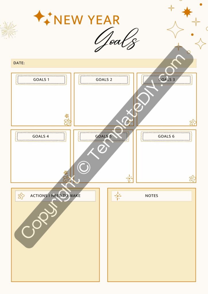 New Year Goals Template Blank Printable PDF, Word