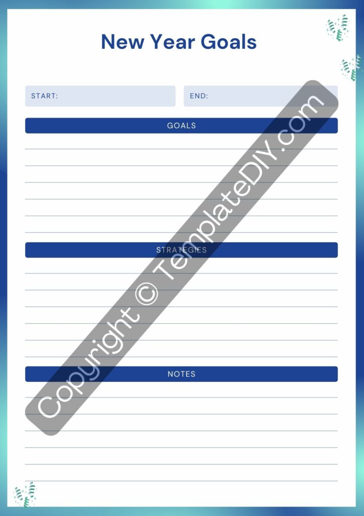 New Year Goals Template Blank Printable PDF, Word