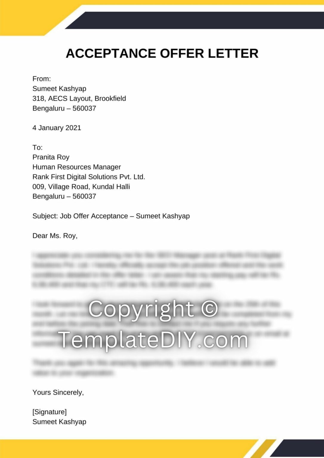 Acceptance Offer Letter Sample with Examples [Word]