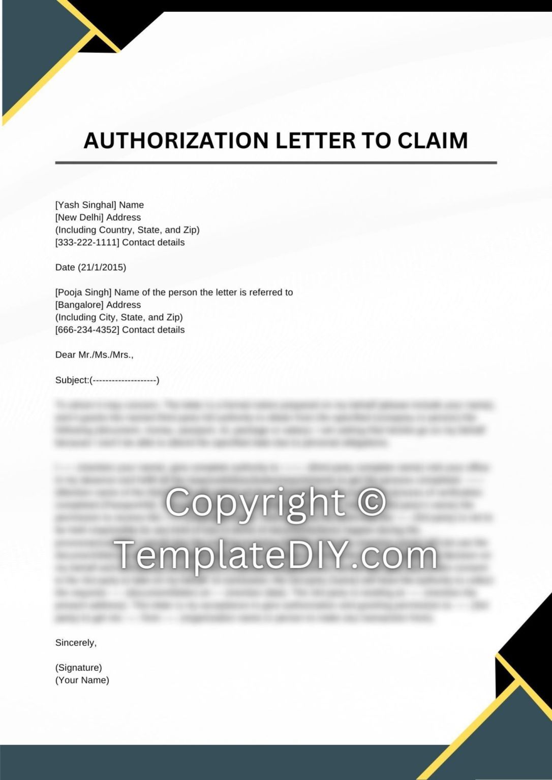 Authorization Letter to Claim Template | Sample for Money, Documents ...