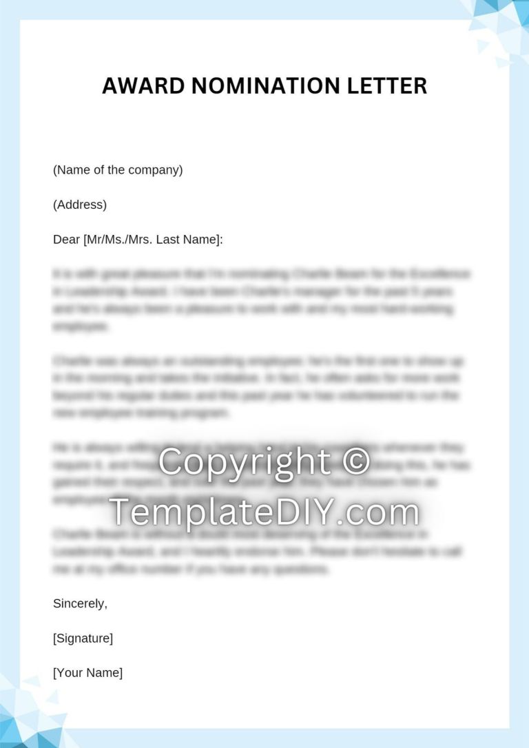 Award Nomination Letter Template – Editable Word & PDF