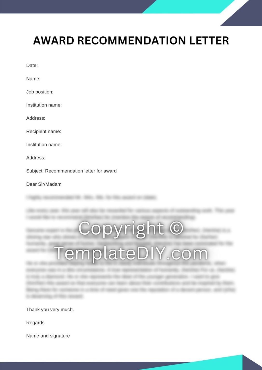 Award Recommendation Letter Template | Download Word Format