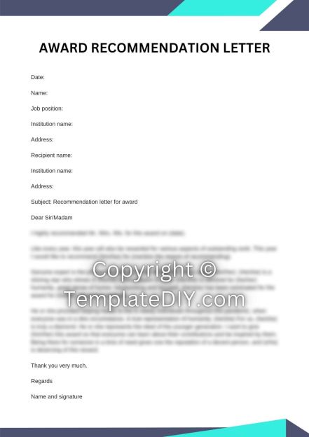 Award Recommendation Letter Template | Download Word Format