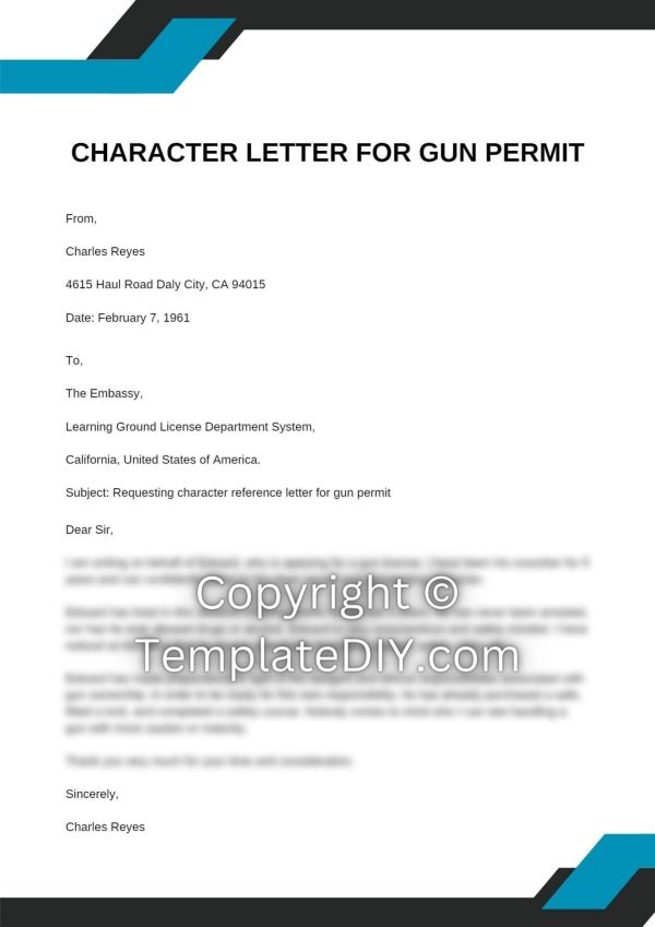 Character Letter for Gun Permit Sample Template with Example