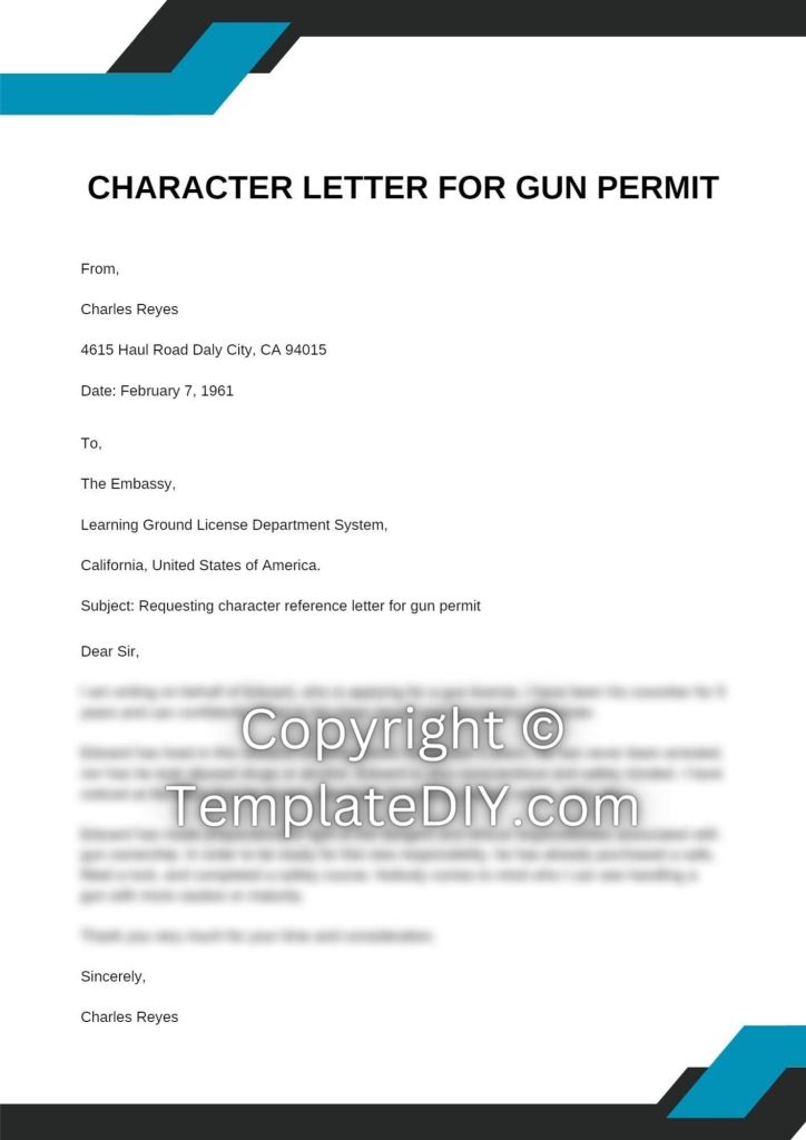 Character Letter for Gun Permit Sample Template with Example