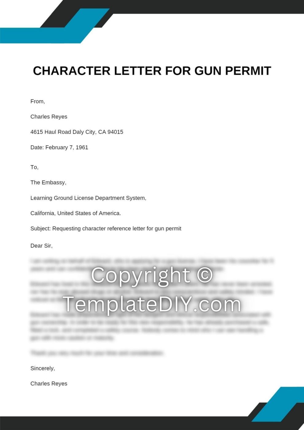 Character Letter for Gun Permit Sample Template with Example