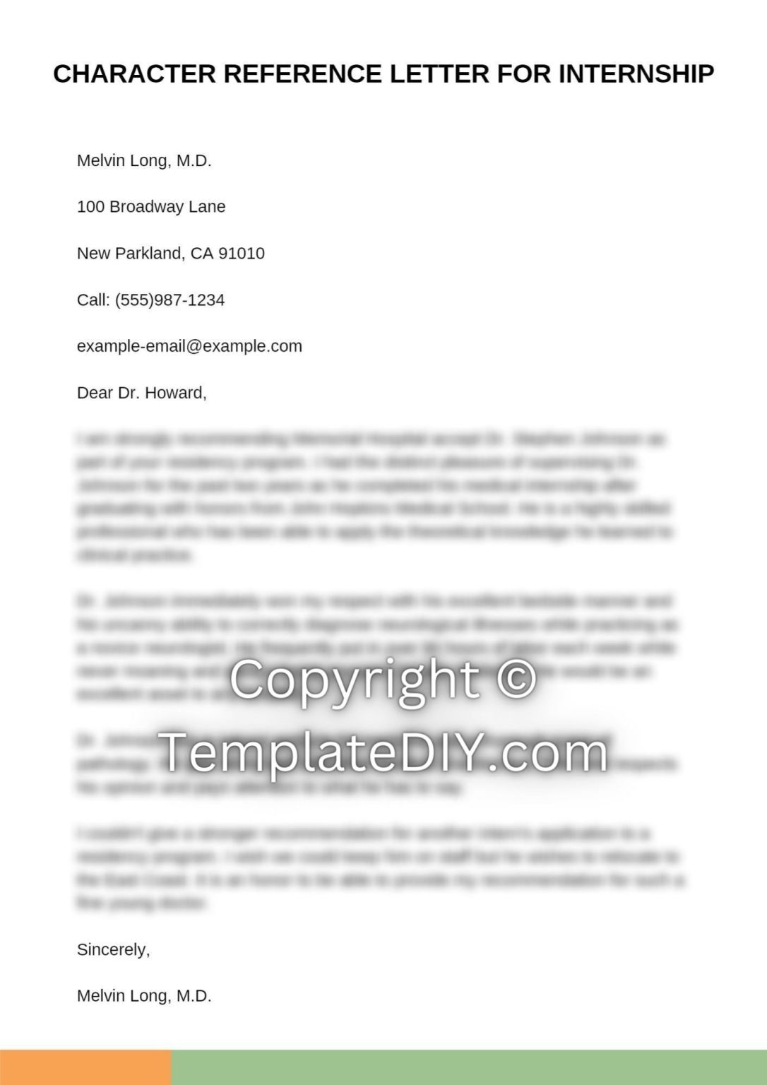Character Reference Letter for Internship Sample [Word]