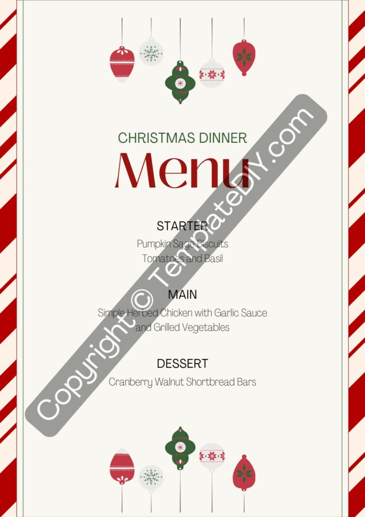 Christmas Dinner Menu Printable Template PDF, Word