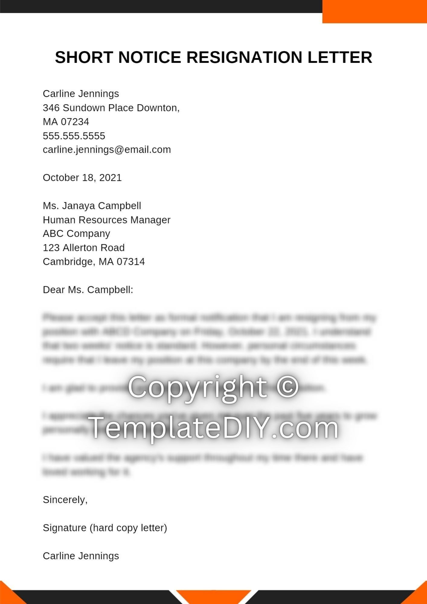 Resignation Letter Short