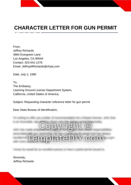 Character Letter for Gun Permit Sample Template with Example
