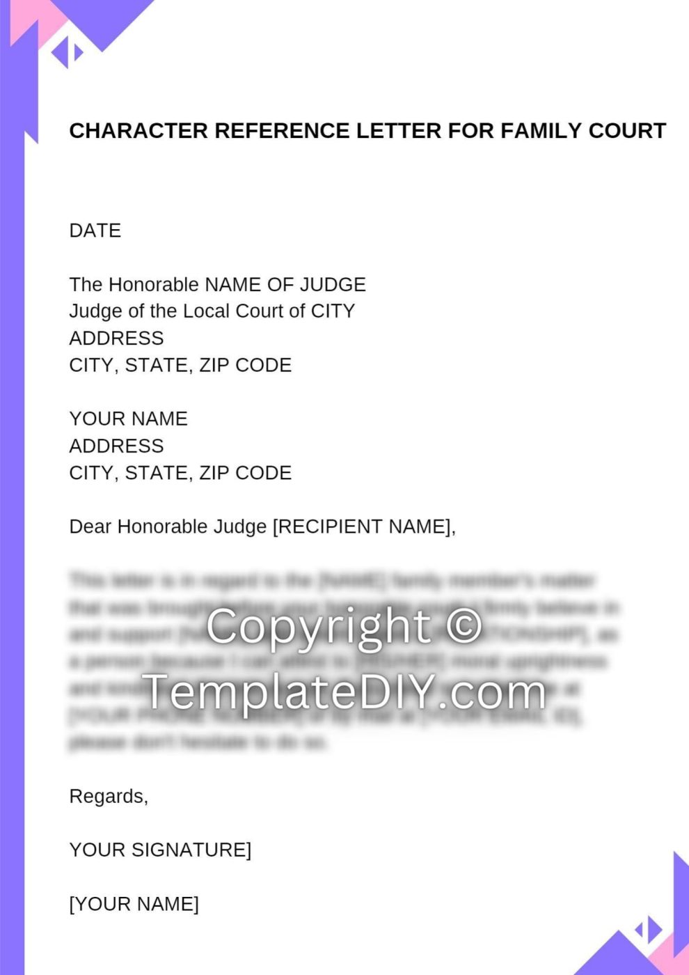 Character Reference Letter for Family Court Sample [Word]