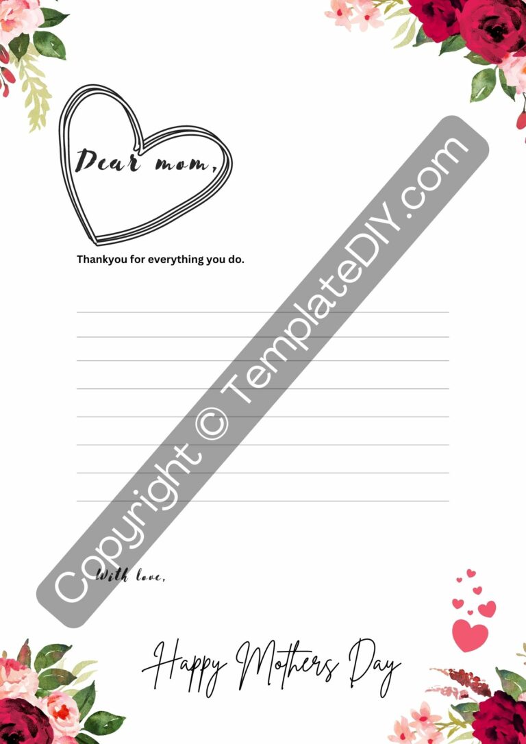 Mothers Day Letter Template Blank Printable PDF, Word