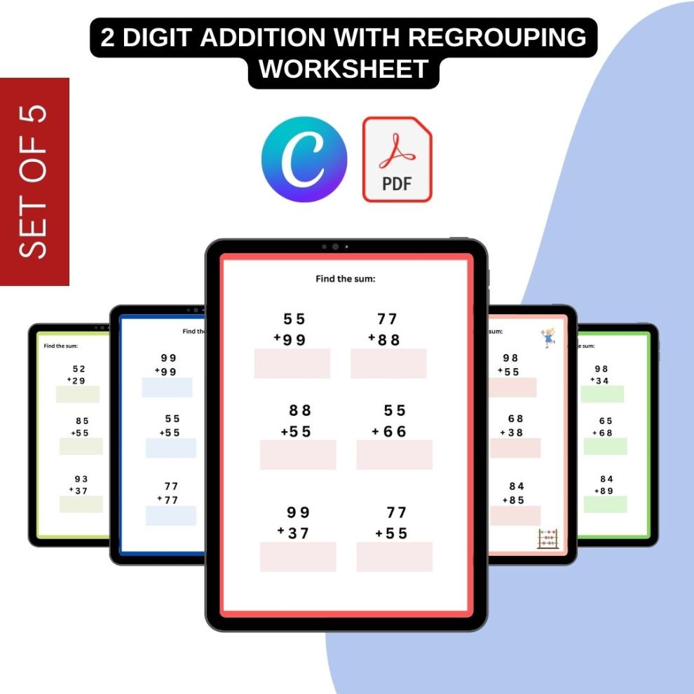 2 Digit Addition with Regrouping Worksheets Template PDF