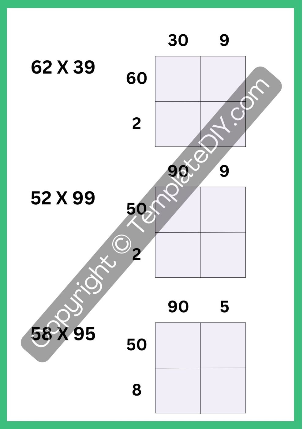 2 Digit by 2 Digit Area Model Worksheet Template PDF