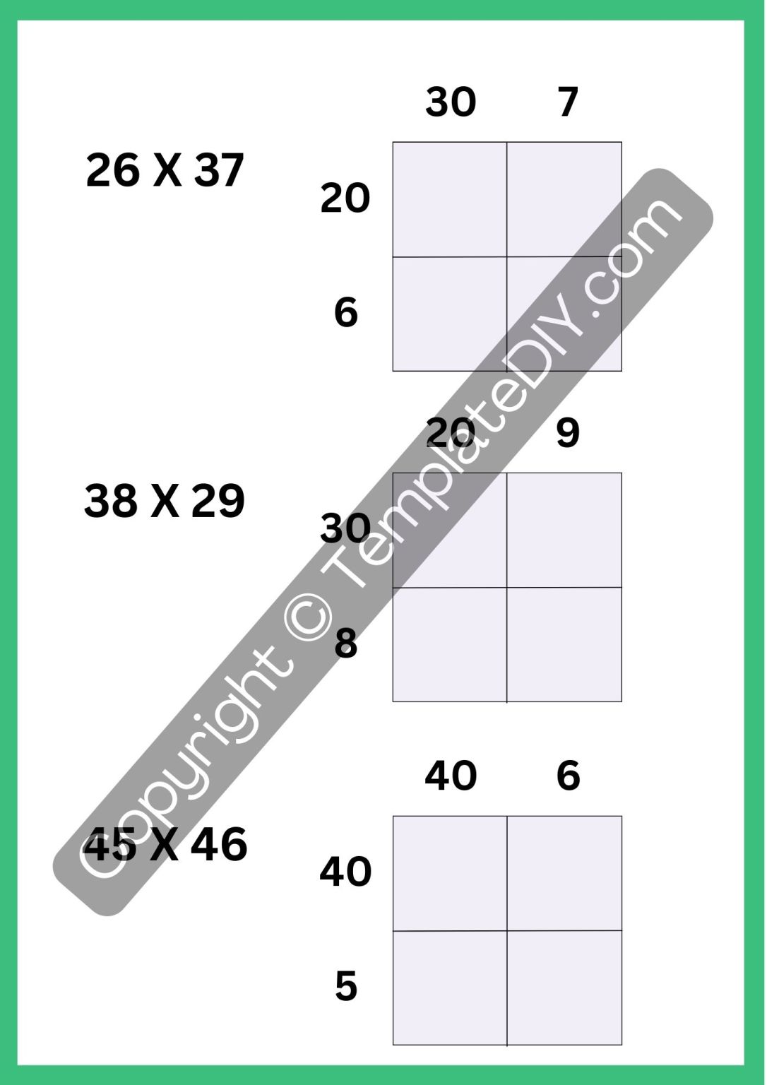 2 Digit by 2 Digit Area Model Worksheet Template PDF