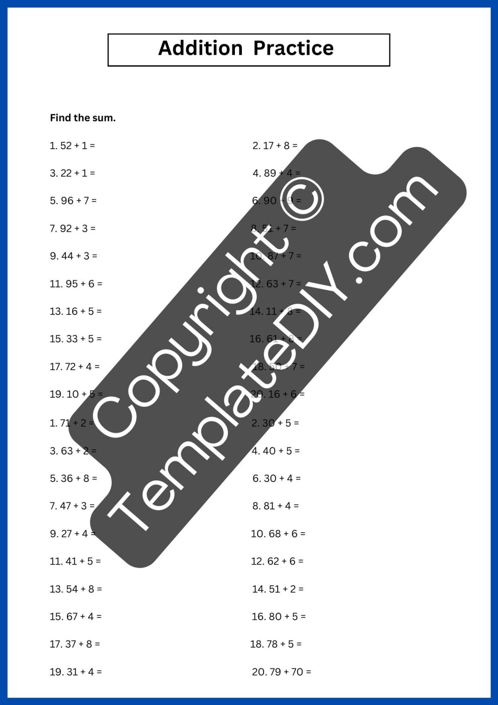 3rd Grade Addition Worksheets Template Printable PDF, Word
