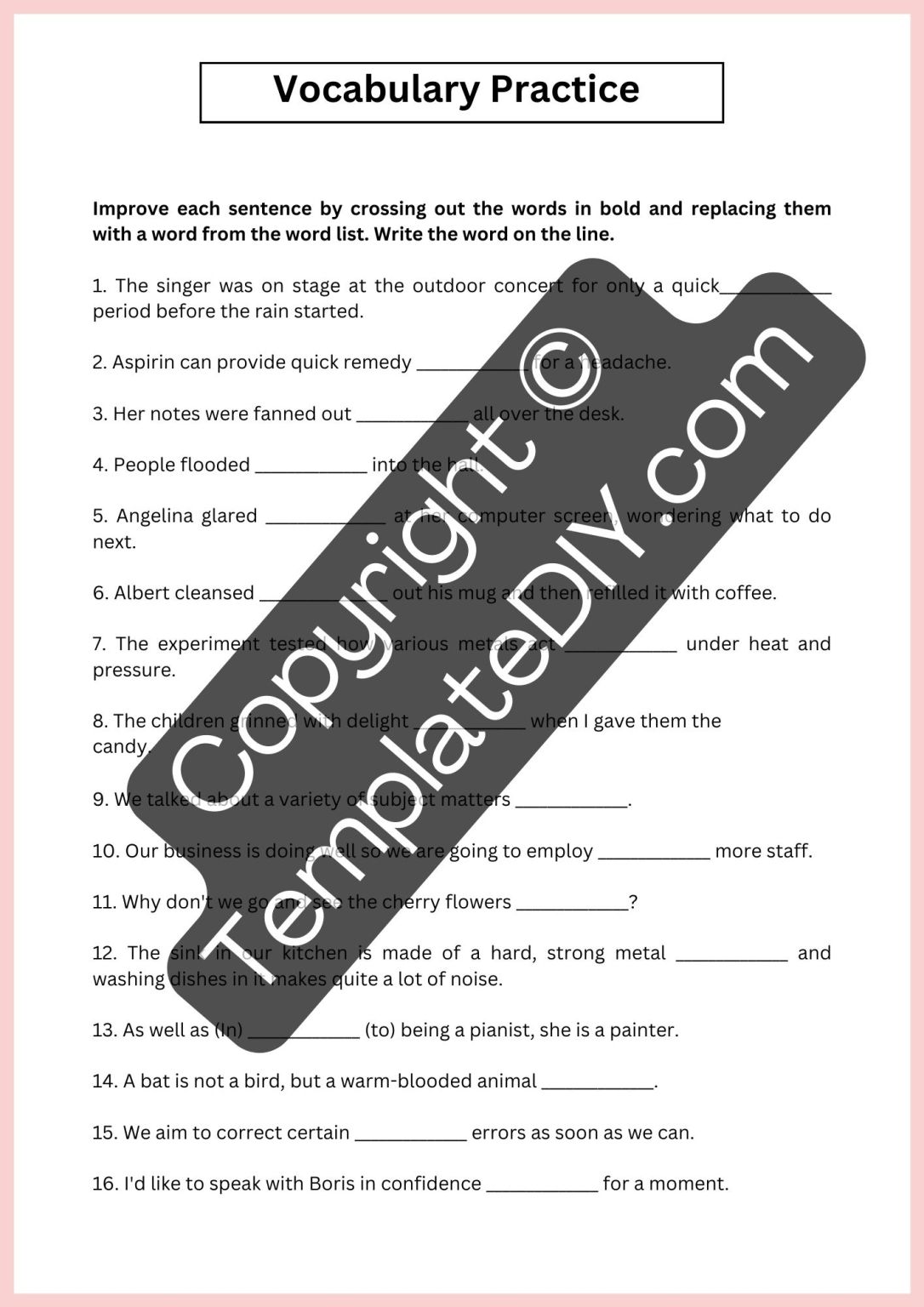 3rd Grade Vocabulary Worksheets Template Printable PDF, Word