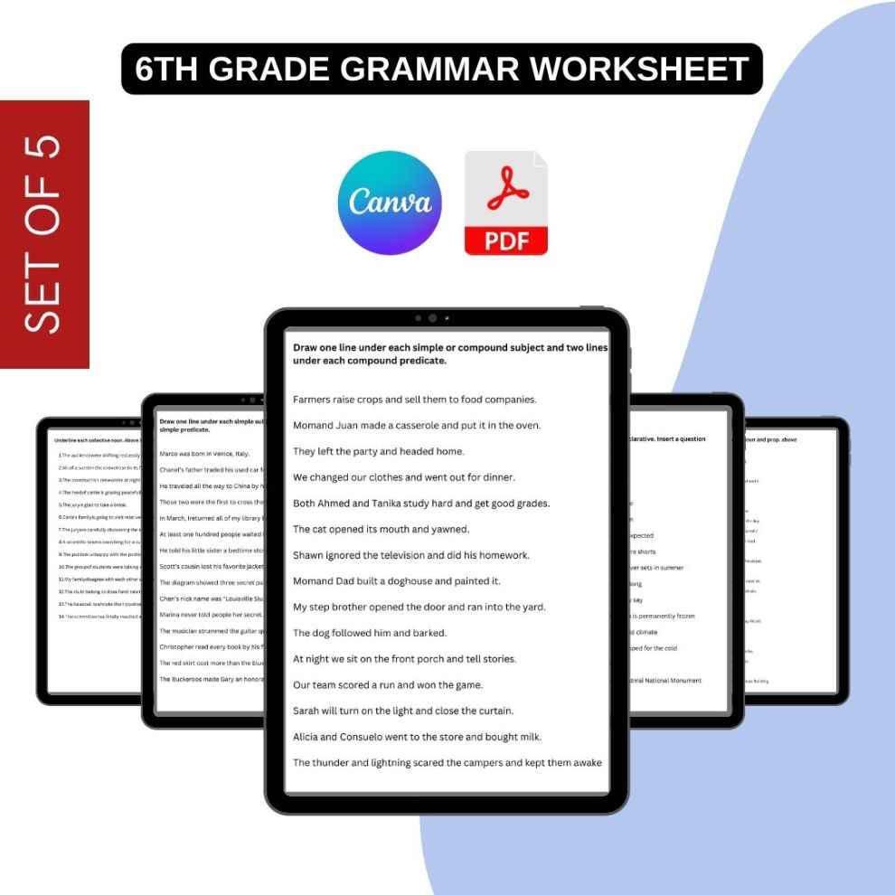 6th Grade Grammar Worksheets Printable Template in PDF