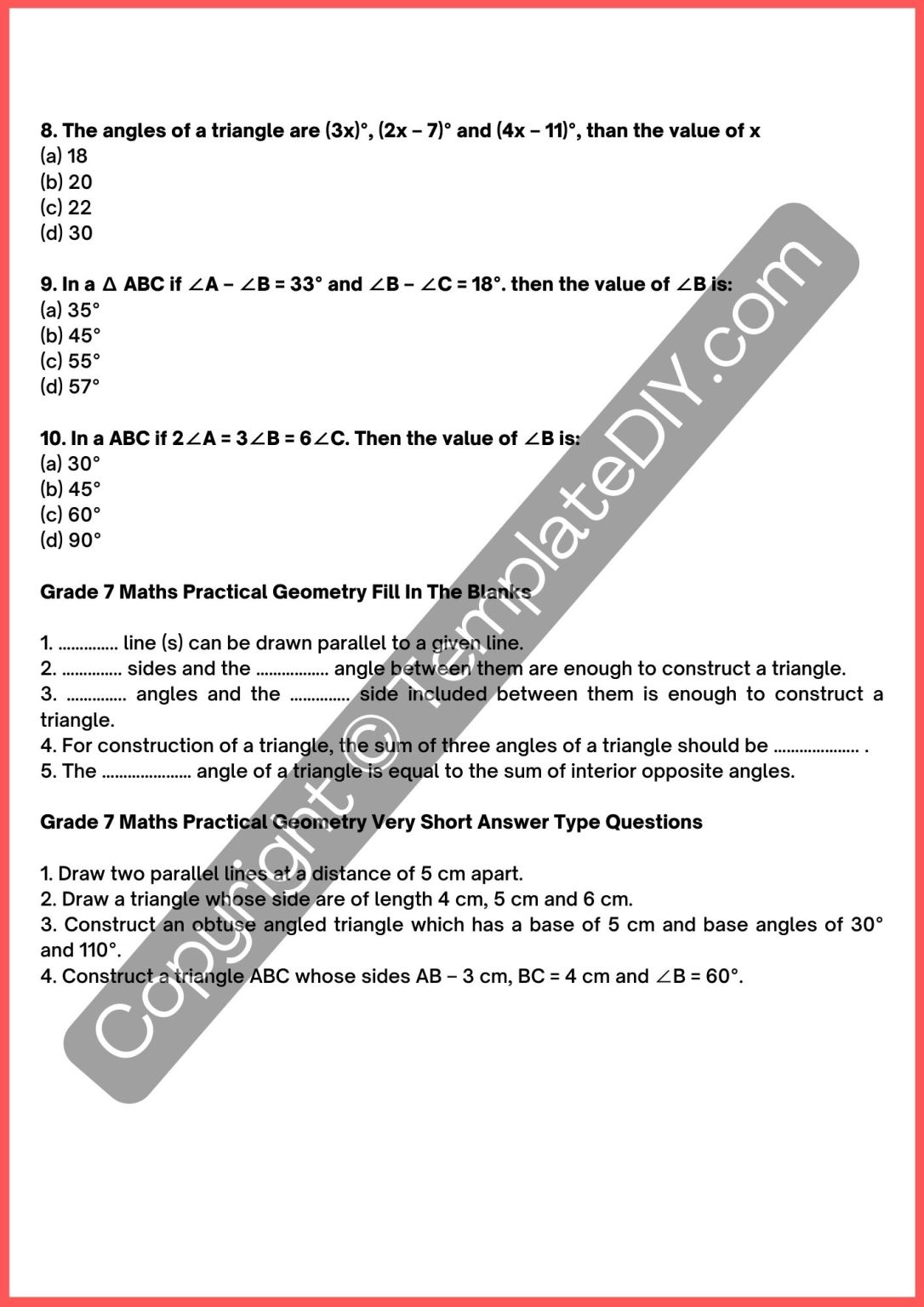7th Grade Geometry Worksheets Template Printable Word, PDF