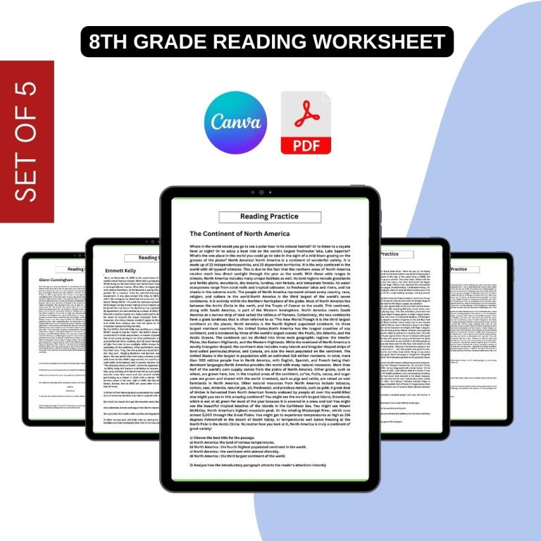 8th Grade Reading Worksheets Template Printable PDF, Word