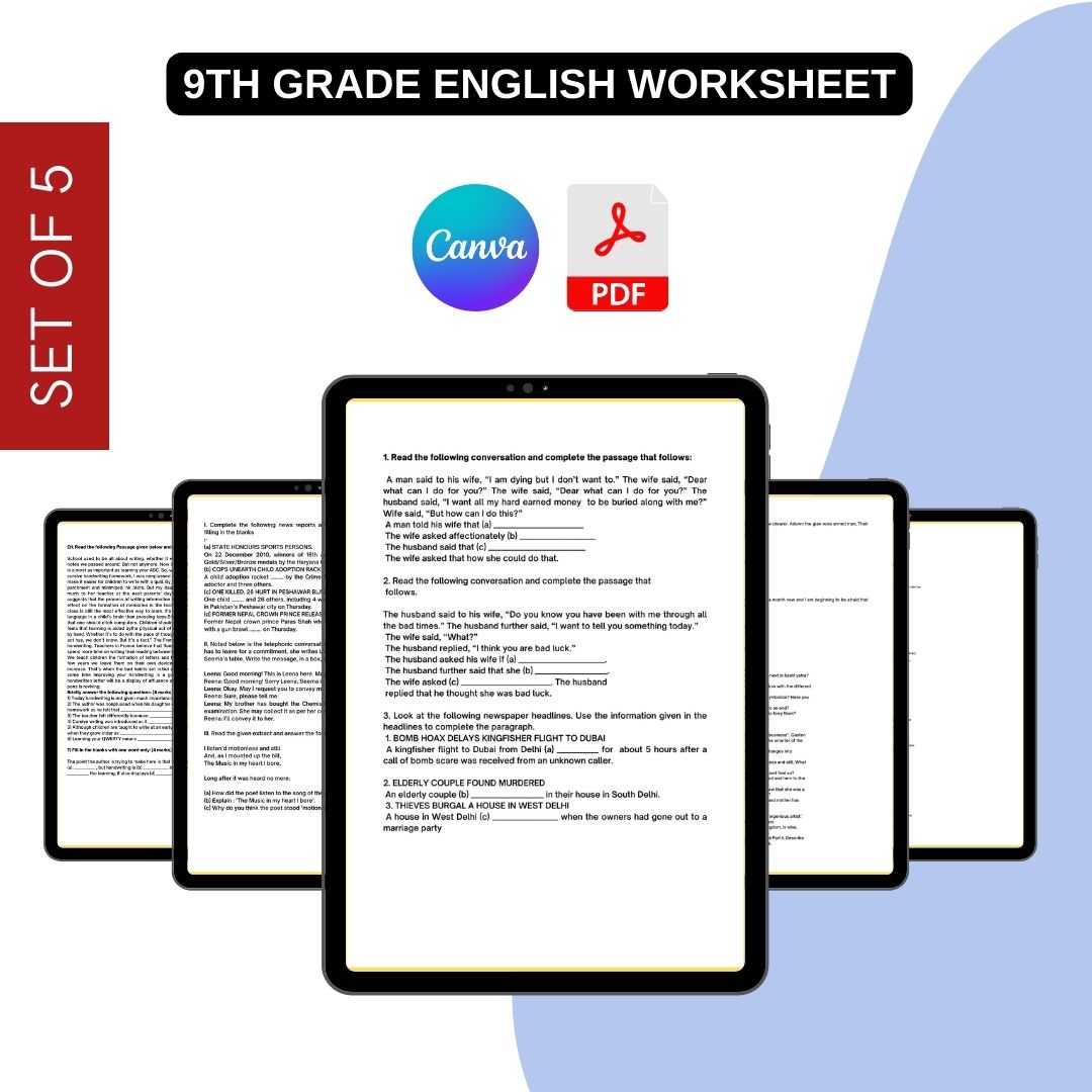 9th Grade English Worksheets Template Printable PDF, Word