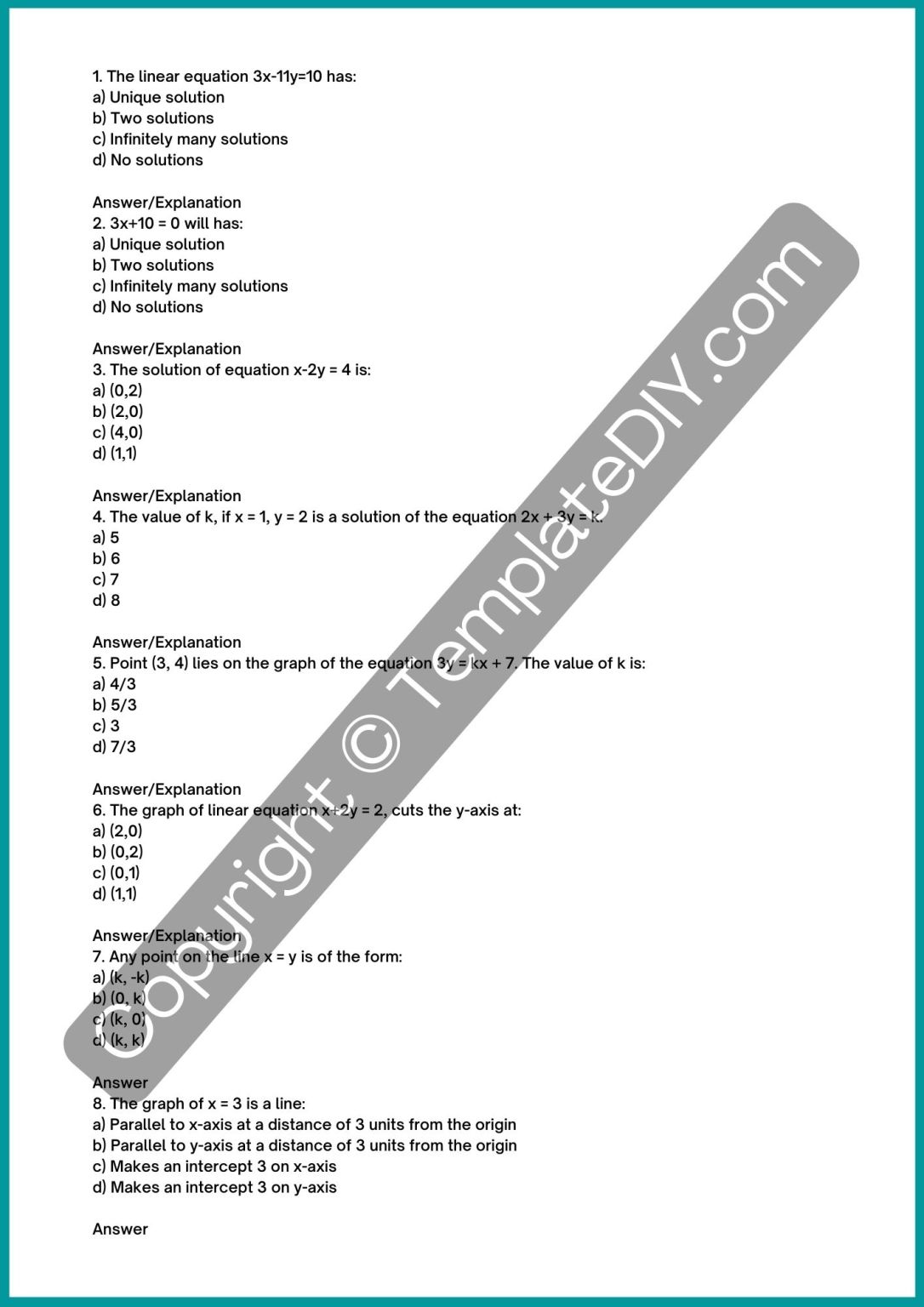 9th Grade Math Worksheets Template Printable PDF, Word