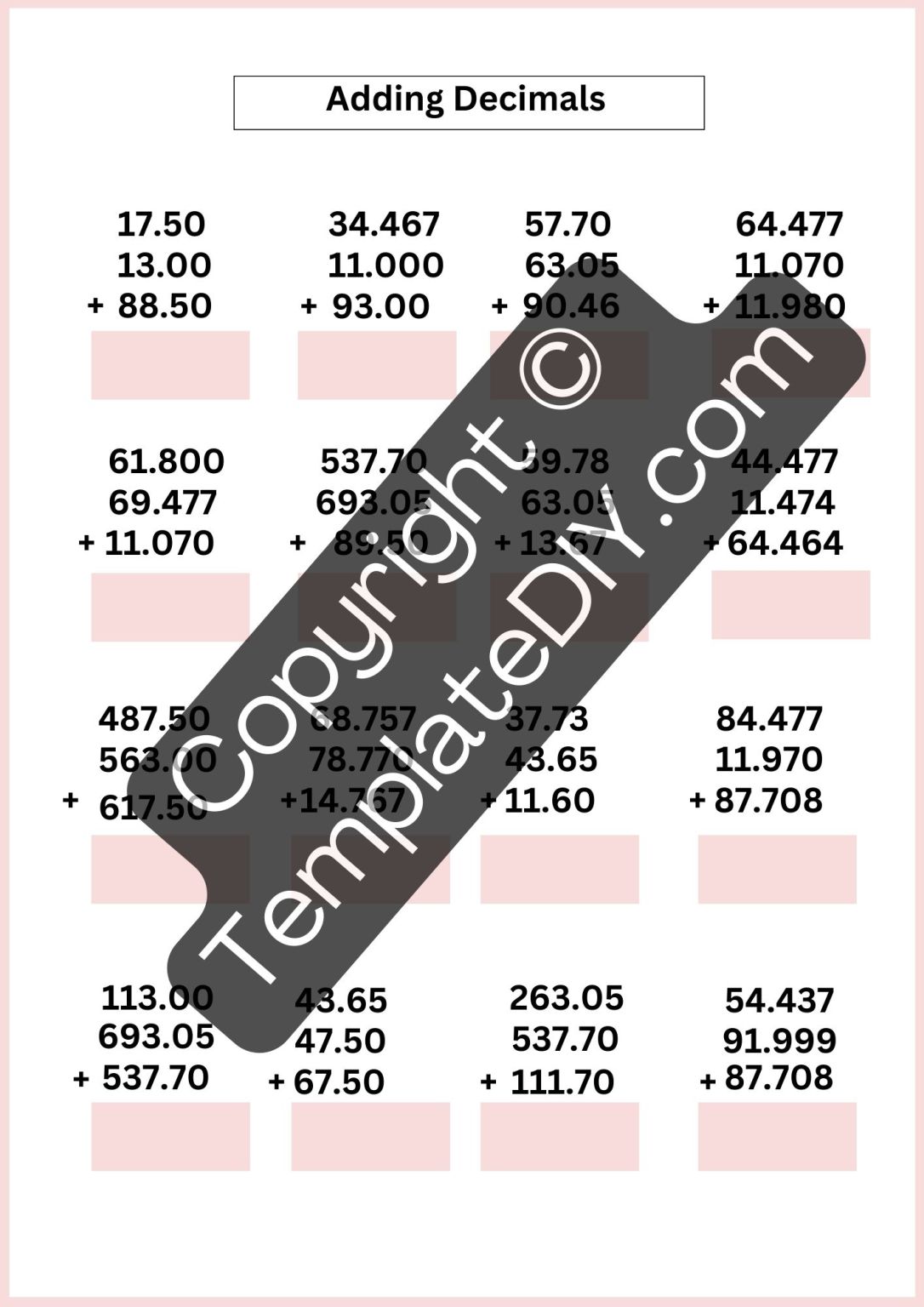 Adding Decimals Worksheet Printable Template PDF, Word