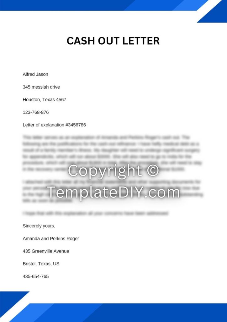 Cash Out Letter of Explanation Sample Template with Examples