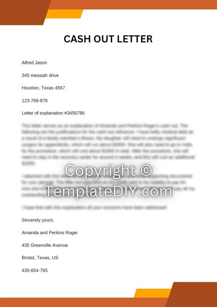 Cash Out Letter of Explanation Sample Template with Examples
