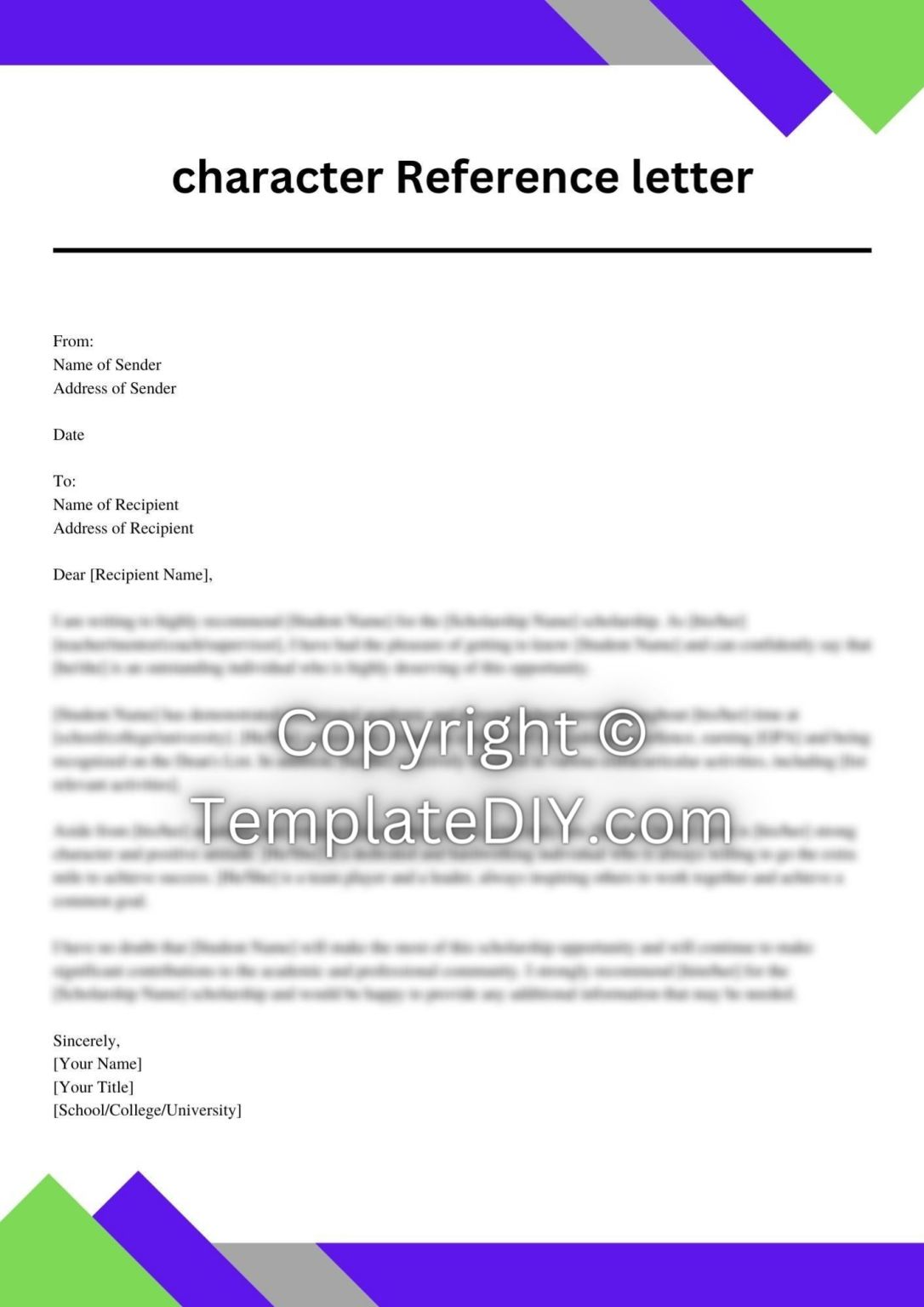 Character Reference Letter For Scholarship Sample [Word]