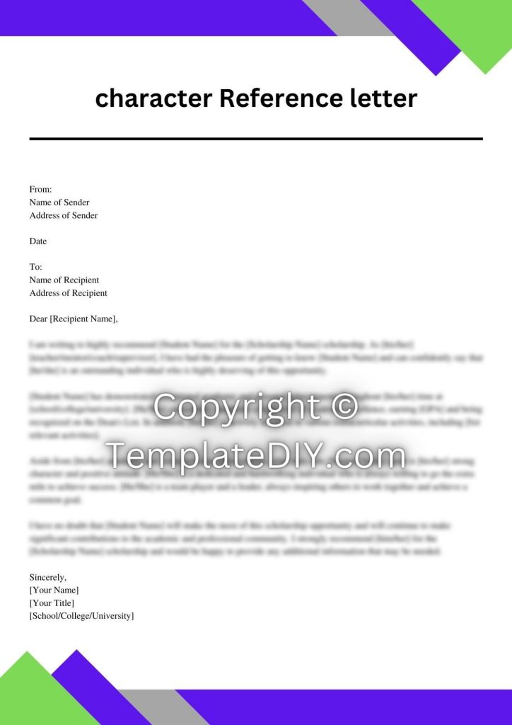 Character Reference Letter For Scholarship Sample [Word]