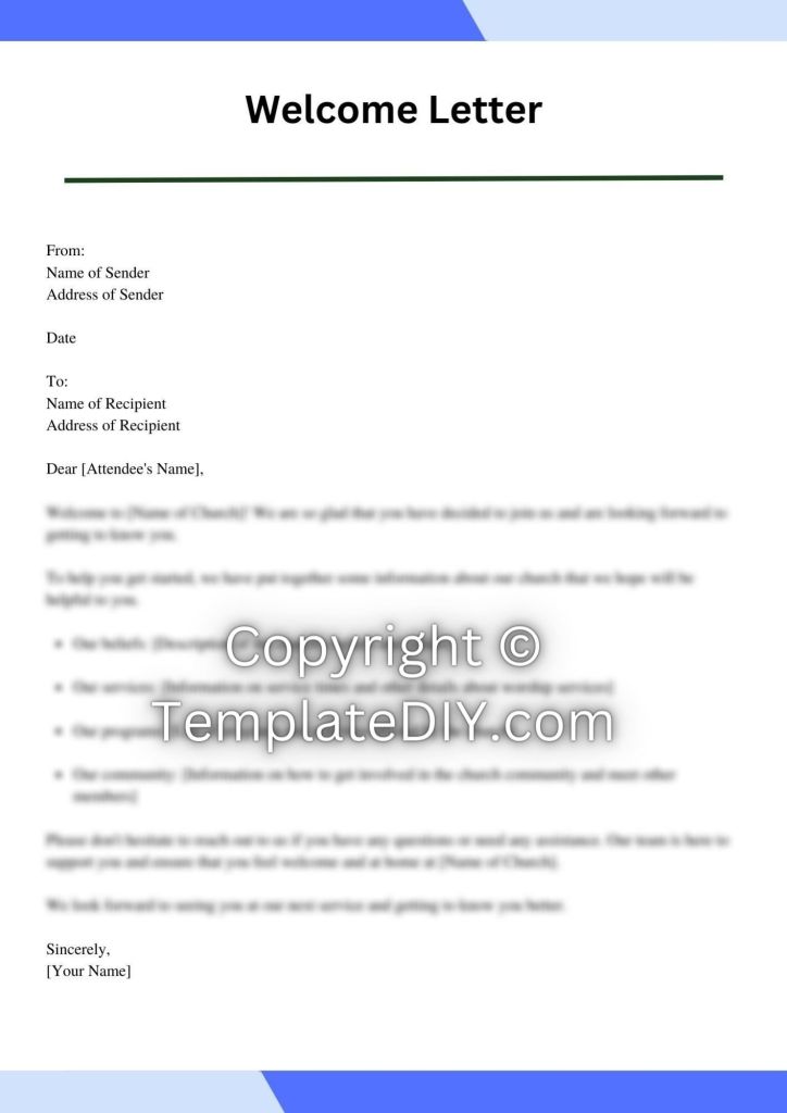 Church Welcome Letter Sample with Examples [Word Editable]