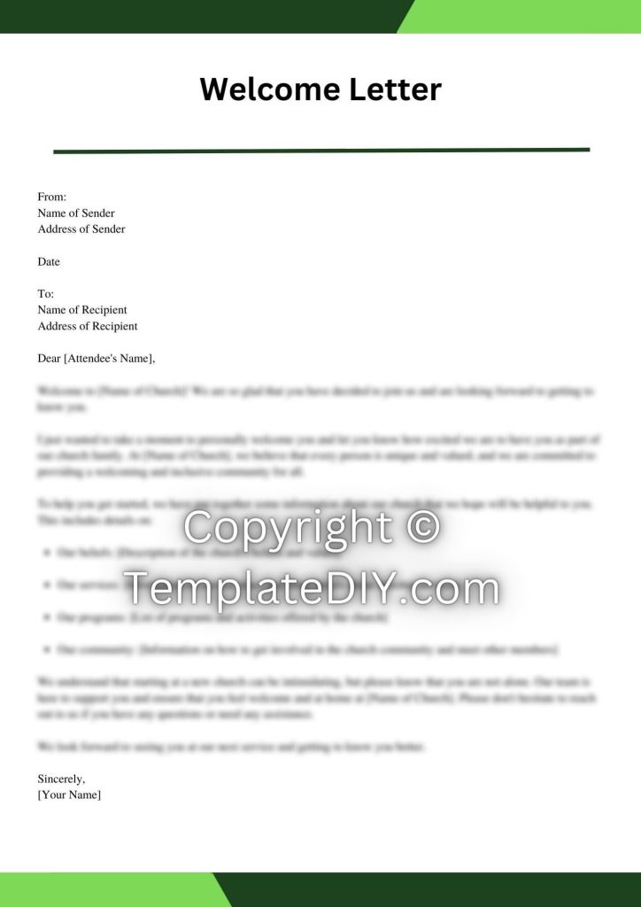 Church Welcome Letter Sample with Examples [Word Editable]