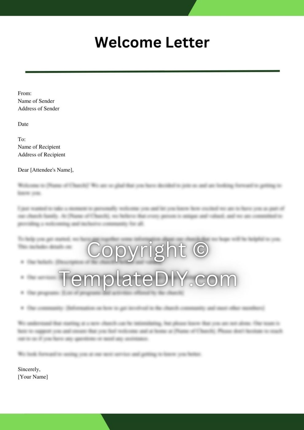 Church Welcome Letter Sample with Examples [Word Editable]
