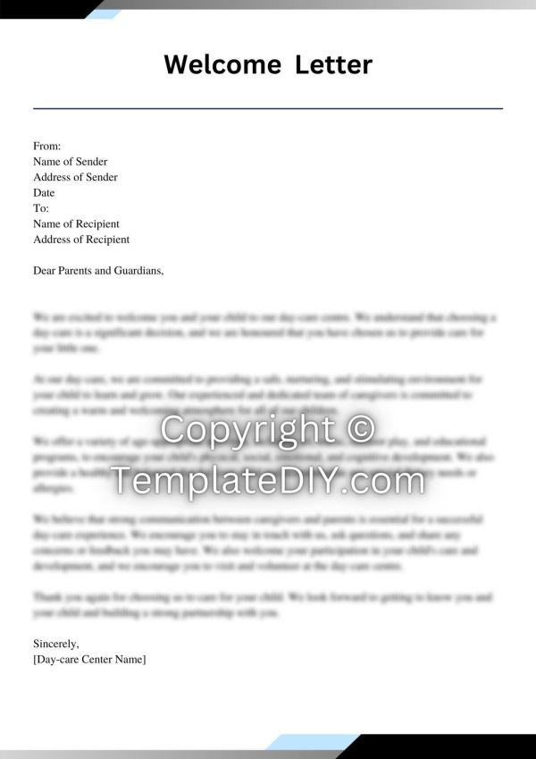 Daycare Welcome Letter Template | Editable & Printable