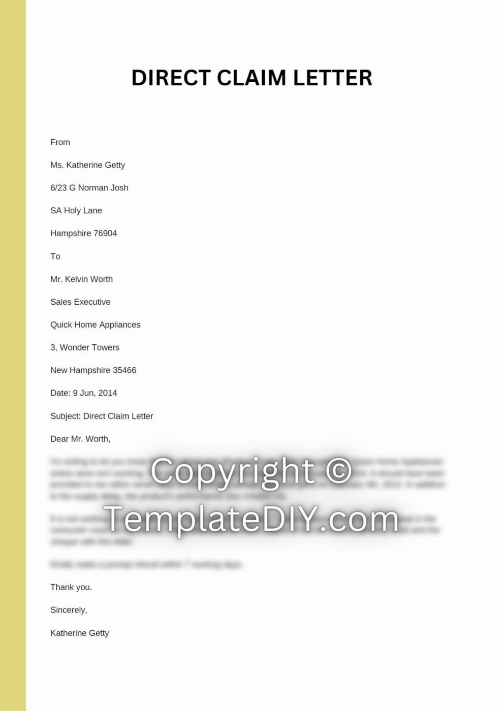 Direct Claim Letter Sample & Template for Insurance Claims