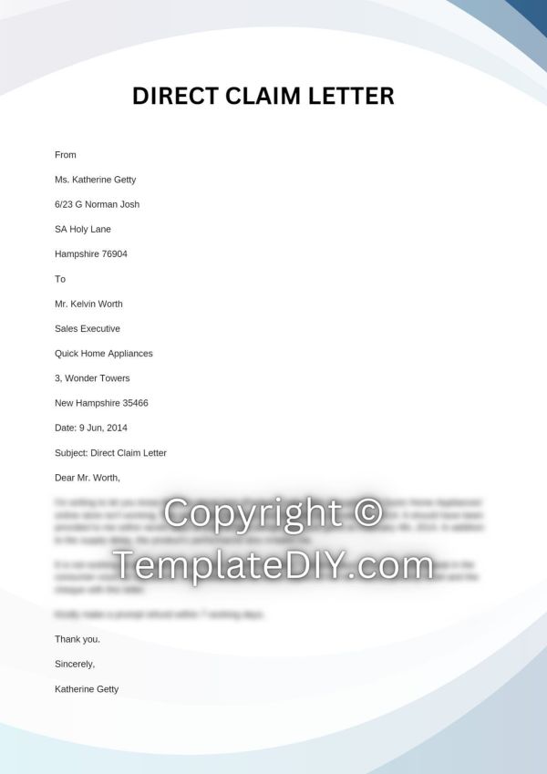 Direct Claim Letter Sample & Template for Insurance Claims