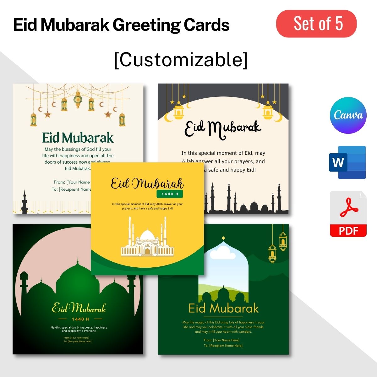Eid Mubarak Greeting Cards Printable Template PDF, Word